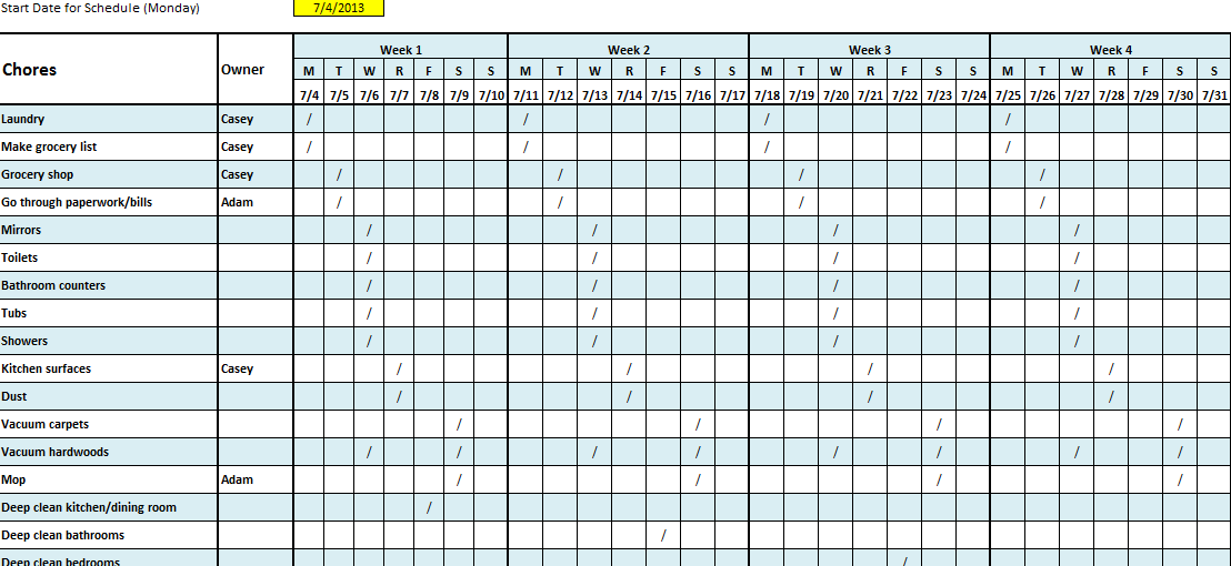 Daily Weekly Monthly Cleaning Schedule Template Excel