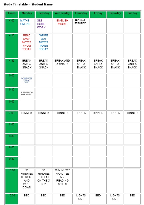 Editable Homework Study Timetable Schedule Template Word Format 