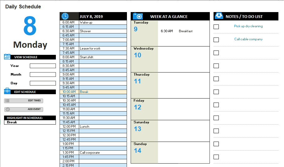 Daily Work Schedule Template Excel Database